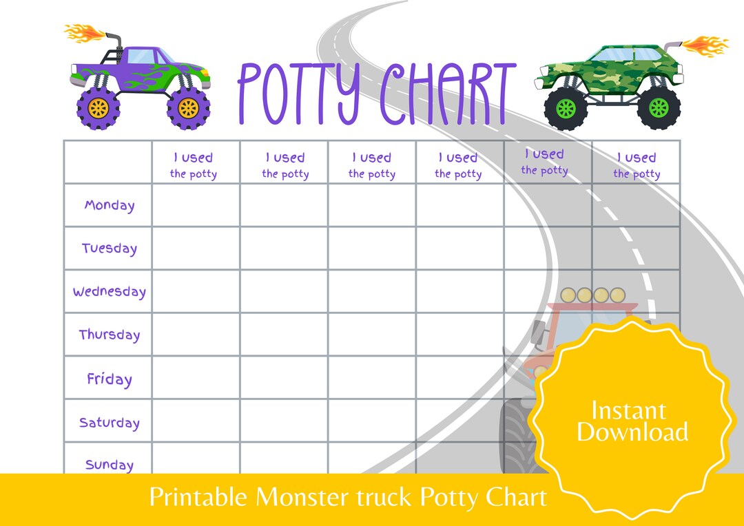 Monster Truck Potty Chart Printable for Boys Toilet Training Tracker ...