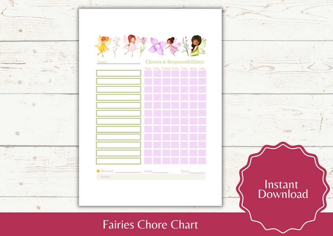 Fairies Chore Chart for Girls: Printable Reward Chart (digital Download ...