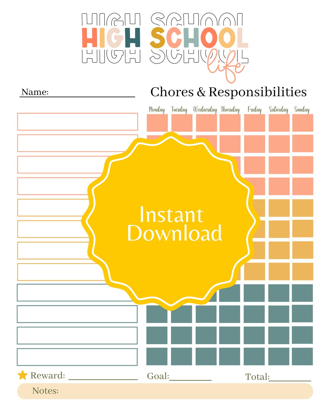 Chore Chart for Printable for Teenagers High School Chore Chart for ...