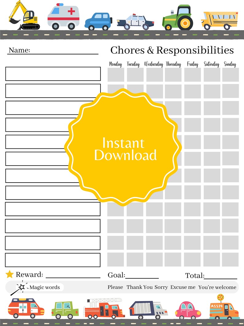 Cars Chore Chart for Boys: Printable Responsibility Tracker (PDF) - Etsy