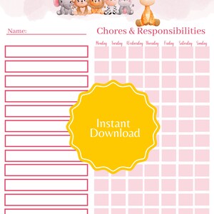 Safari Animals Chore Chart for Girls (printable PDF) - Etsy
