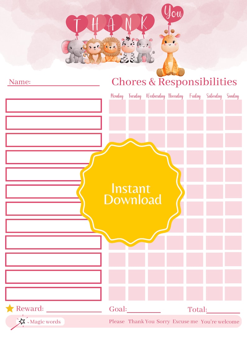 Safari Animals Chore Chart for Girls (printable PDF) - Etsy