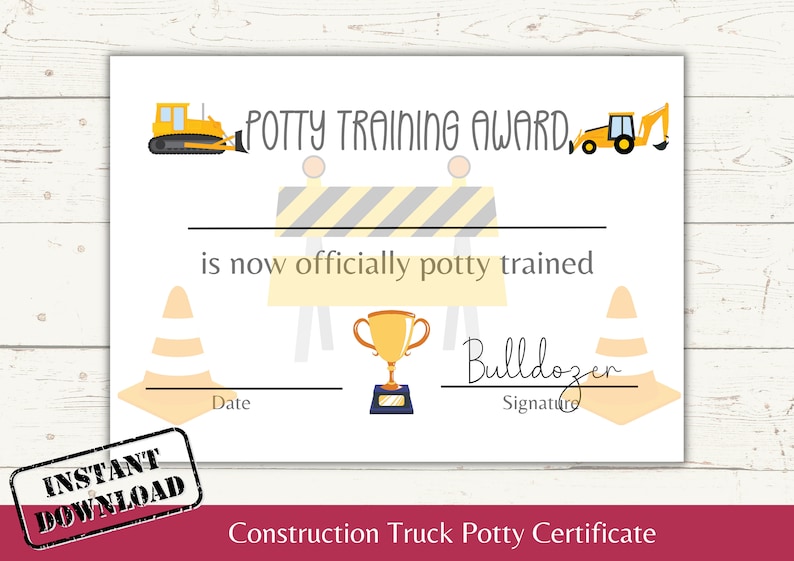 Potty Training Award Certificate: Construction Truck Theme (digital ...