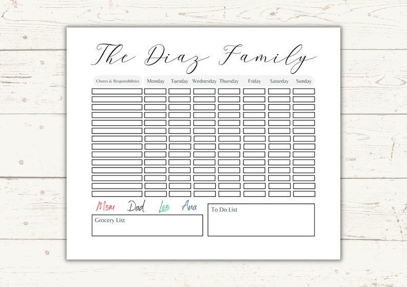 Personalized Family Chores Chart Printable Minimalist Productivity ...