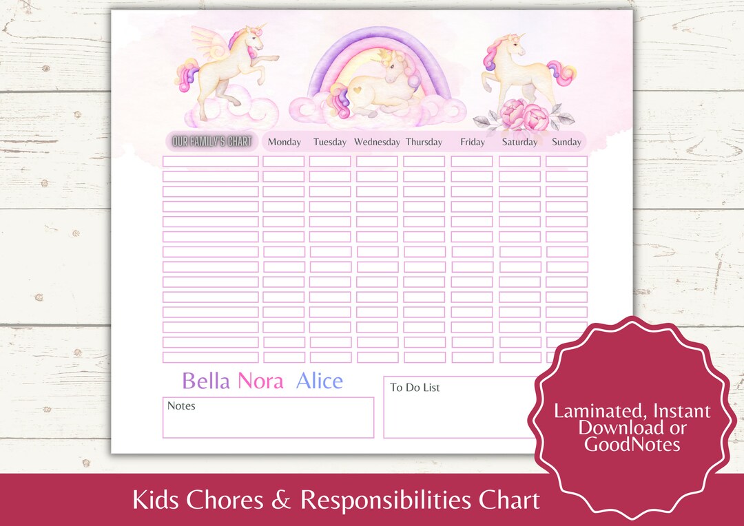 Personalized Unicorn Family Chores Chart for Girls Printable ...