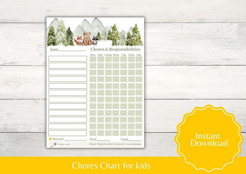 Woodland Animals Chore Chart for Kids (PDF Printable) - Etsy