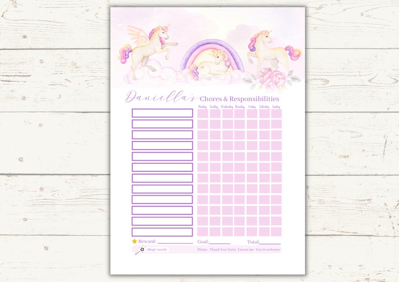 Personalized Unicorn Chores Chart for Girls Printable Student Planner ...