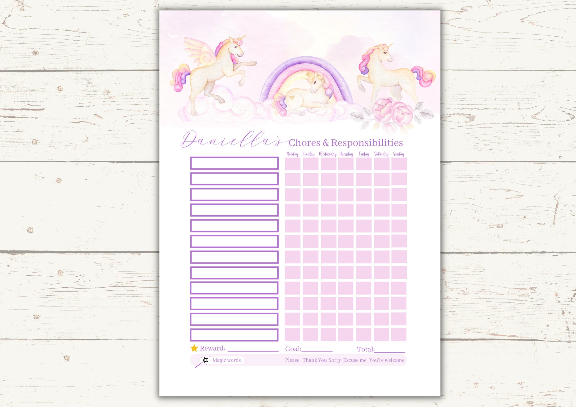 Personalized Unicorn Chores Chart for Girls Printable Student Planner ...