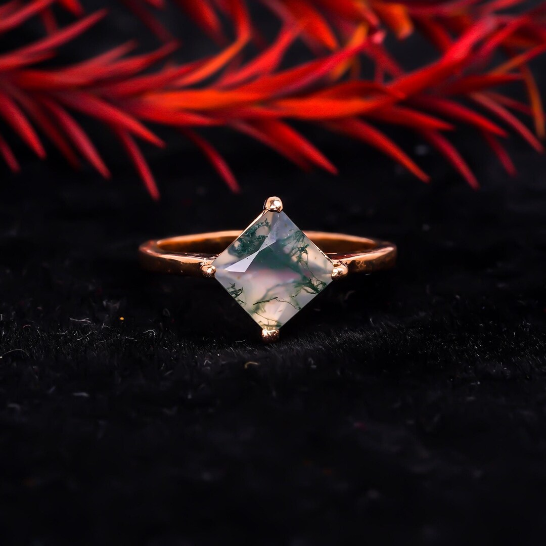 Princess Cut Moss Agate Engagement Ring: 925 Silver Vintage Style - Etsy