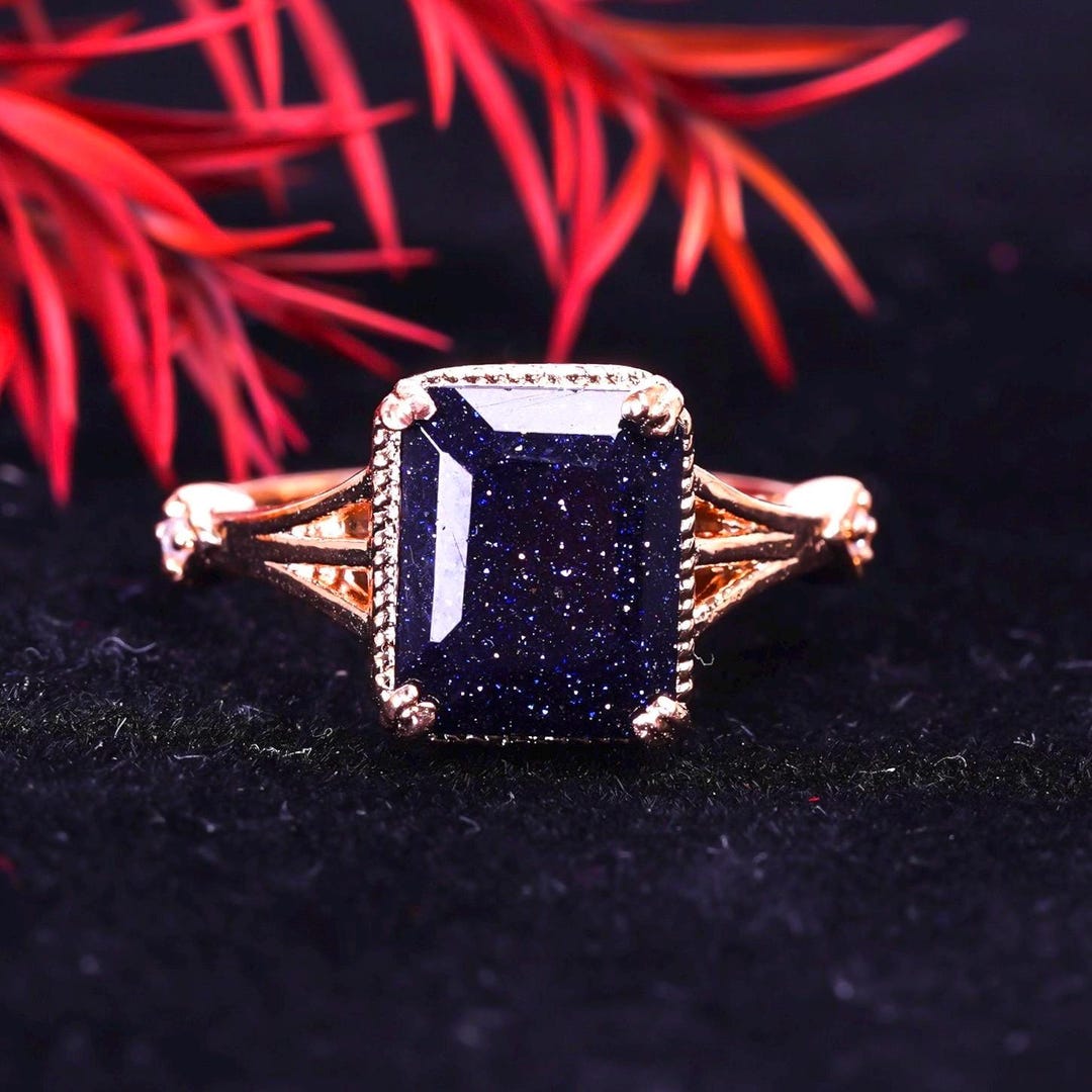 Blue Goldstone Emerald Cut Ring: Rose Gold Sterling Silver, Moissanite ...
