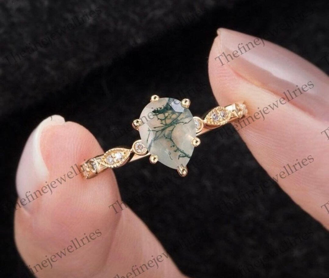 Pear Cut Moss Agate Engagement Ring Art Deco Solid Gold Ring - Etsy