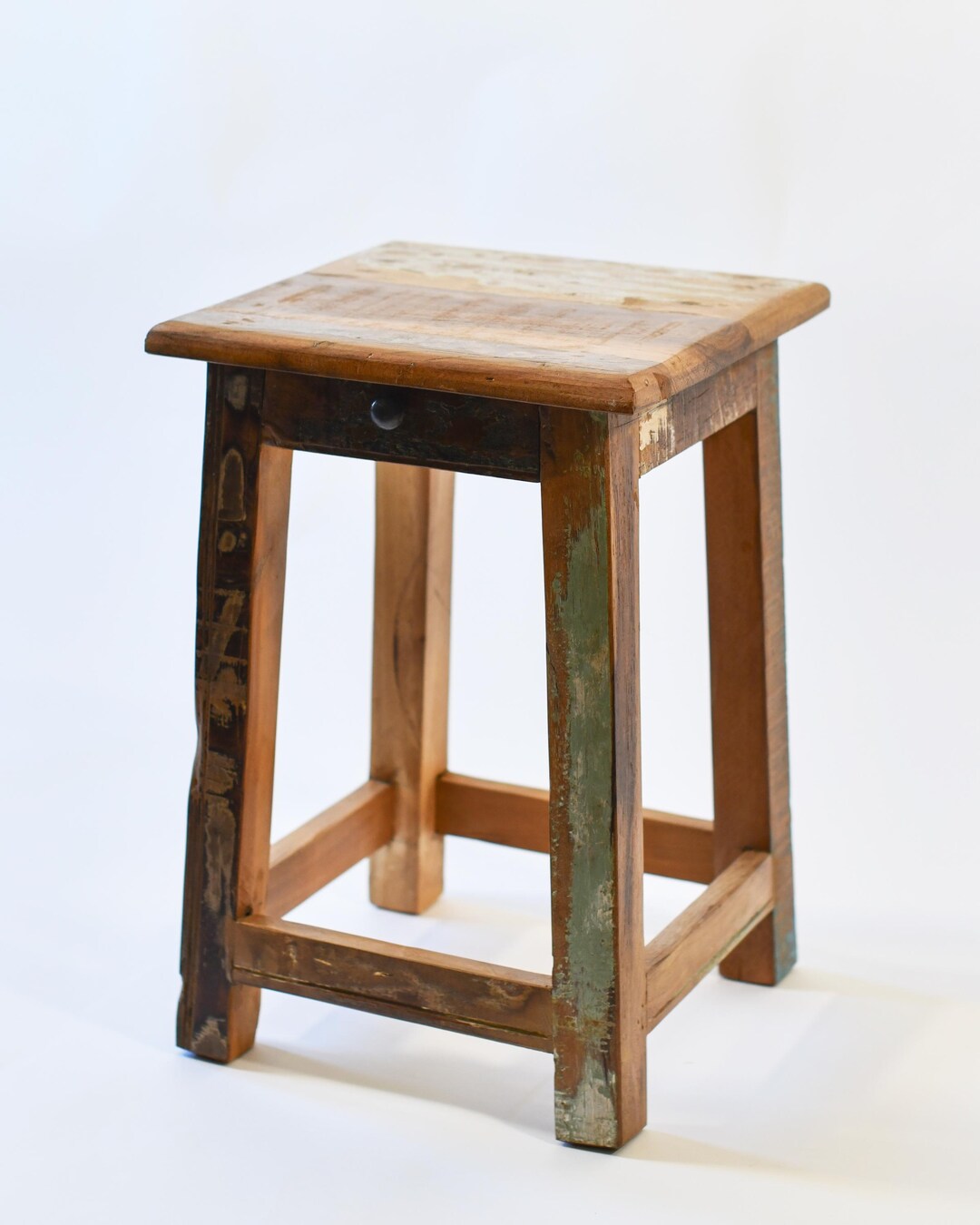 Colourful Reclaimed Wooden Stool With Draw, Distressed Rustic Recycled ...