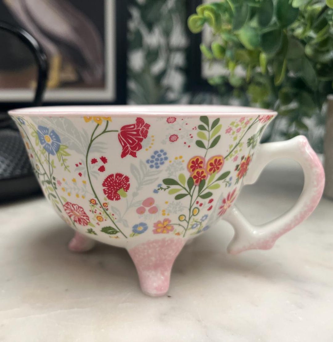 Handcrafted Pink Floral Ceramic Teacup, Three Feet Quirky and Cute ...