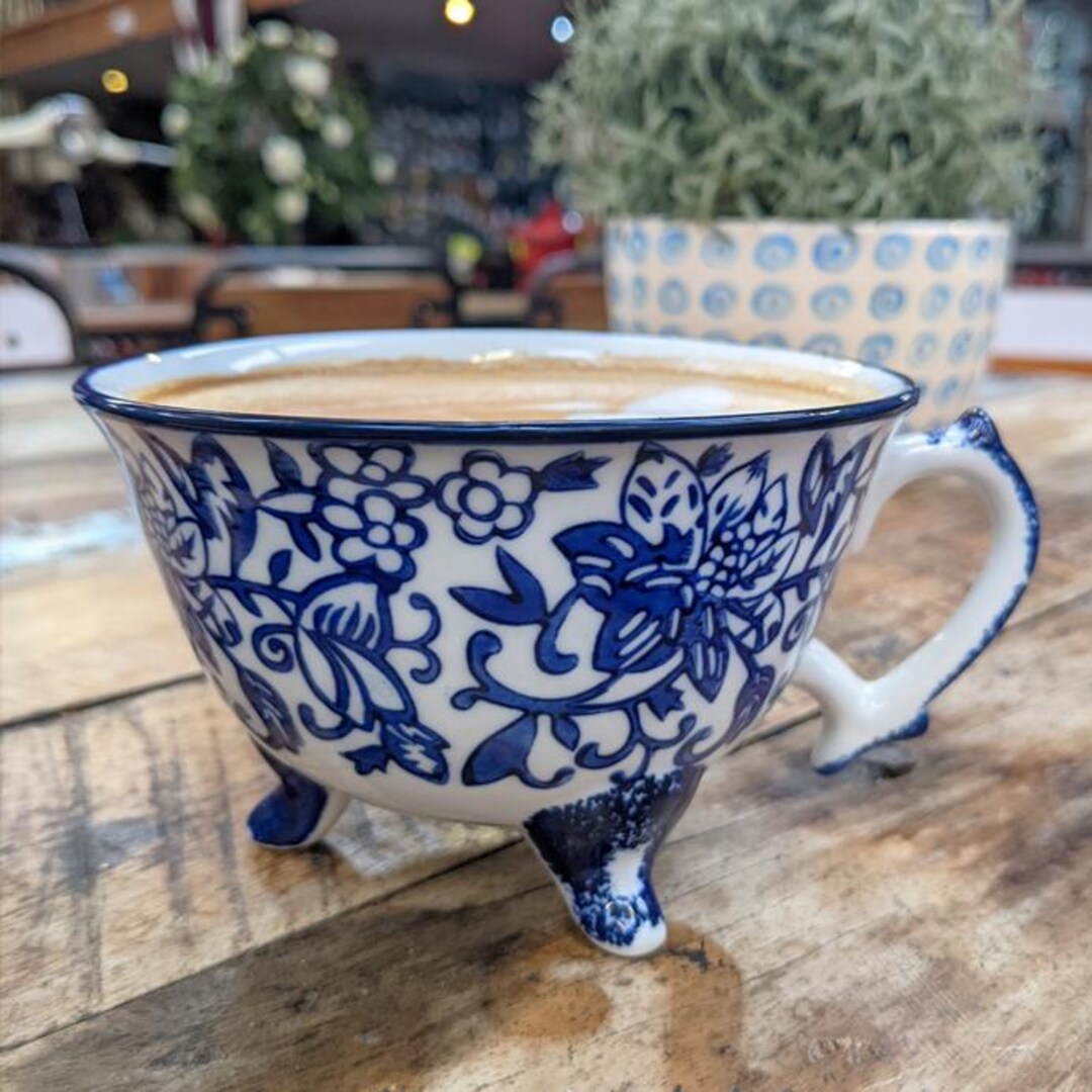 Handcrafted Blue & White Floral Ceramic Teacup, Three Feet Quirky and ...