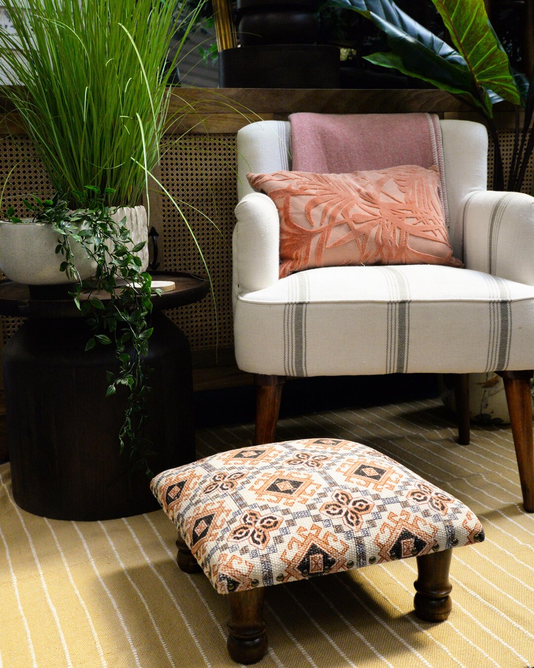 Square Upholstered Footstool With Aztec Print, Wooden Legs, Boho Stool ...