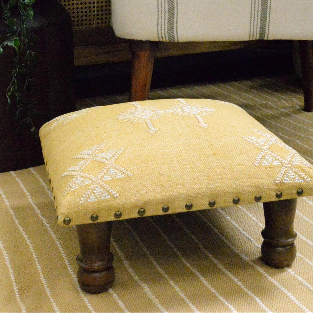 Square Upholstered Yellow Footstool With Aztec Print, Wooden Legs, Boho ...