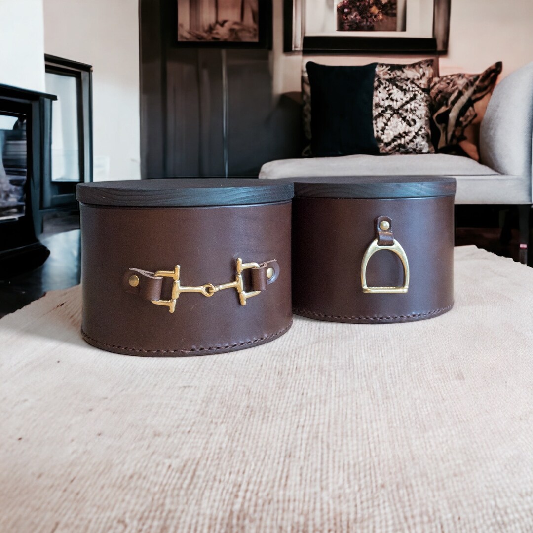 Equestrian Leather Box With Brass Stirrup and Horse Bit, 5,7 Diameter ...