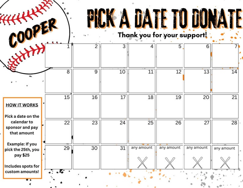 Fundraiser Calendar | School Fundraiser | Sports | Baseball Fundraiser ...