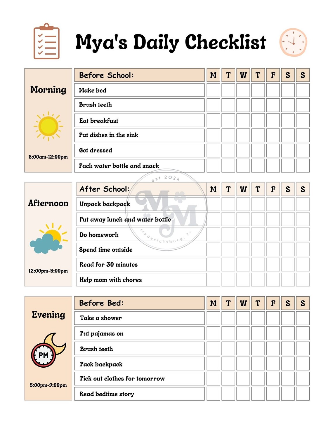 Editable Kids Daily School Checklist | PDF Kids Checklist Template ...