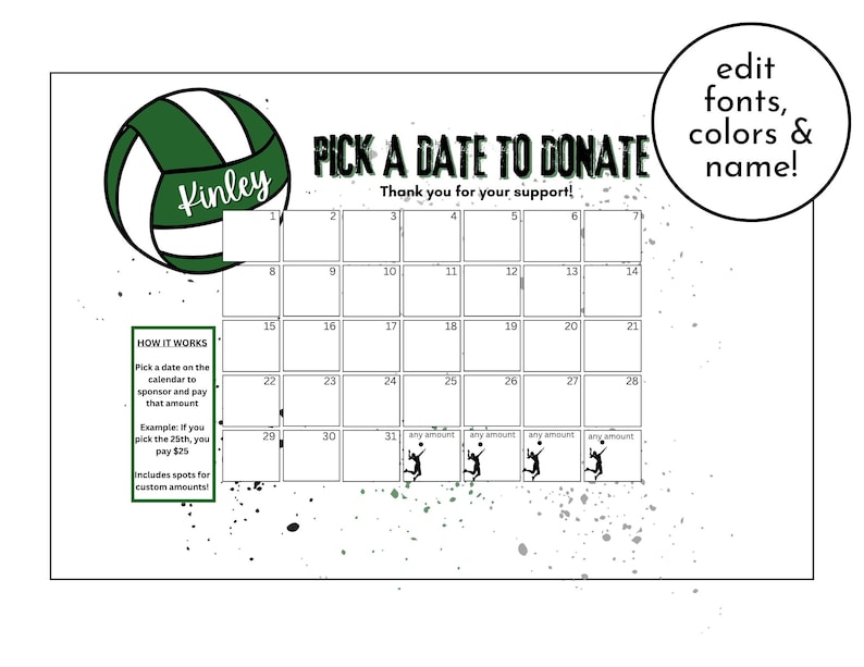 Editable Volleyball Fundraising Calendar Template | Canva Template ...