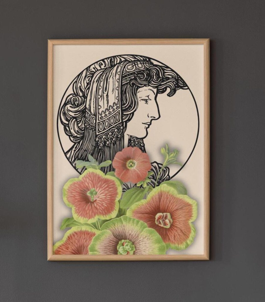 Art Nouveau Inspired Drawing of a Woman's Head, Decorated With Flowers ...