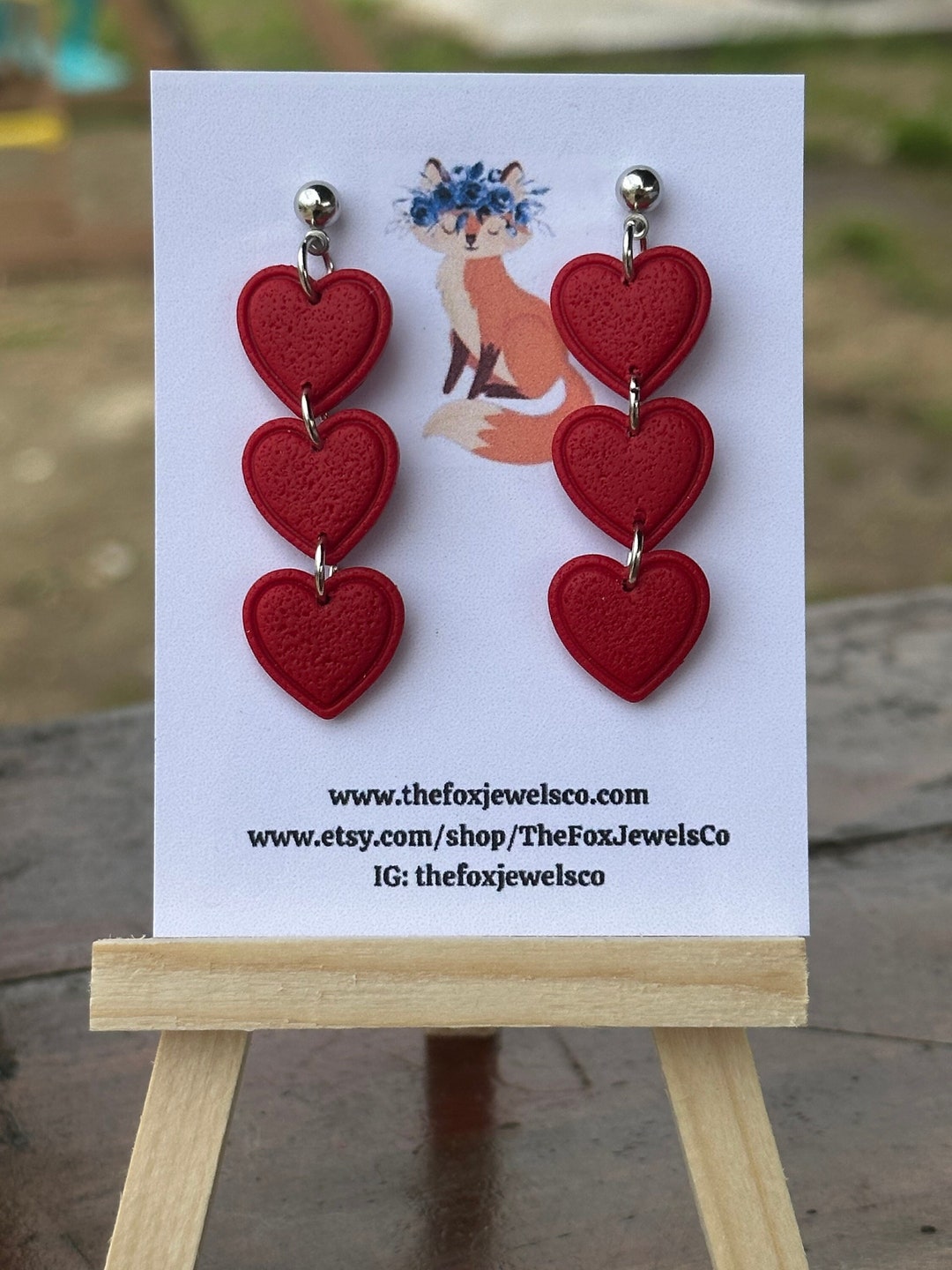 Triple Bright Red Love Hearts Valentines Day Polymer Clay Dangle Drop ...