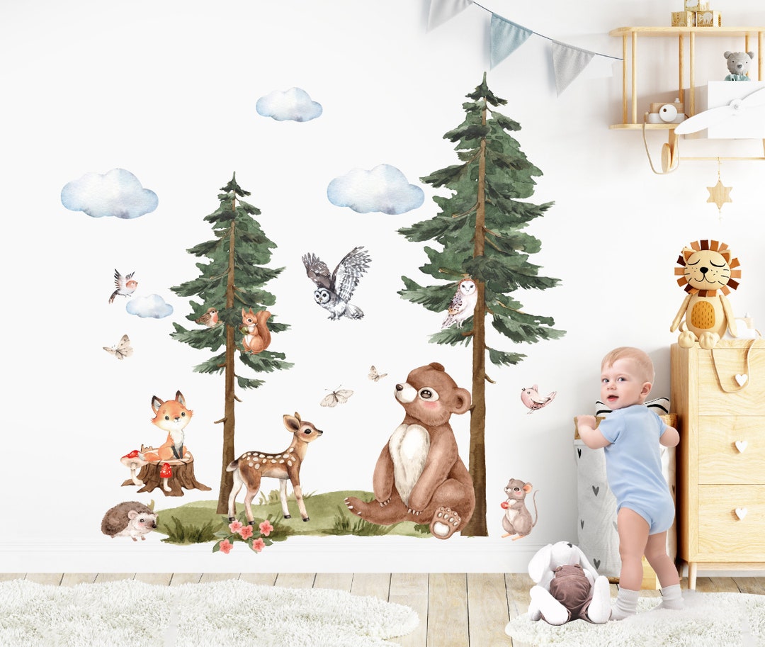 Forest Animals Wall Decals Sticker Watercolor Deer Woodland Theme Bear ...