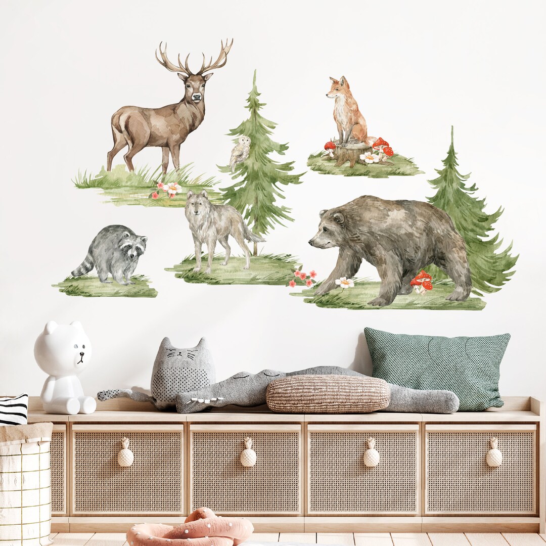 Pine Tree Forest Animals Wall Decal Art Wolf Wall Stickers Nursery Bear ...