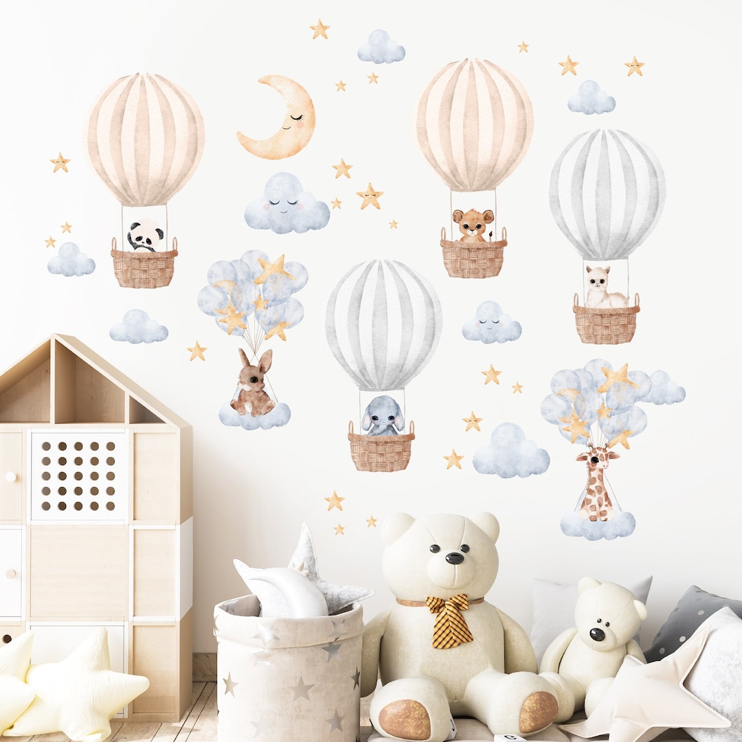 Hot Air Balloon Animals Wall Decal Kids Nursery Room Bear Wall Decor ...