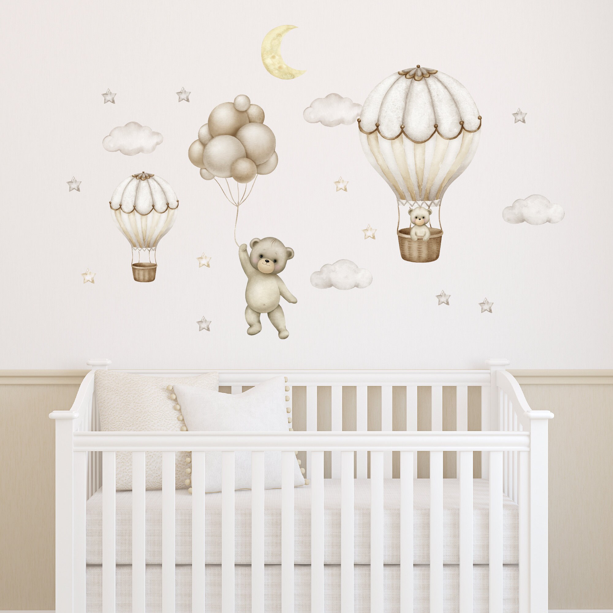 Teddy Bear Wall Decal Kids Nursery Room Hot Air Balloon Watercolor Wall ...