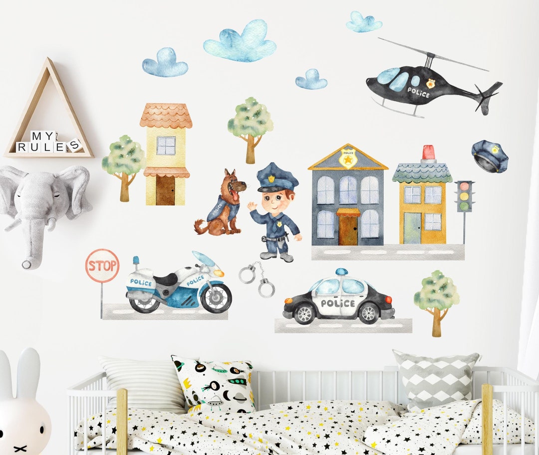 Watercolor Police Wall Decal, City Police Wall Stickers Art Decor for ...