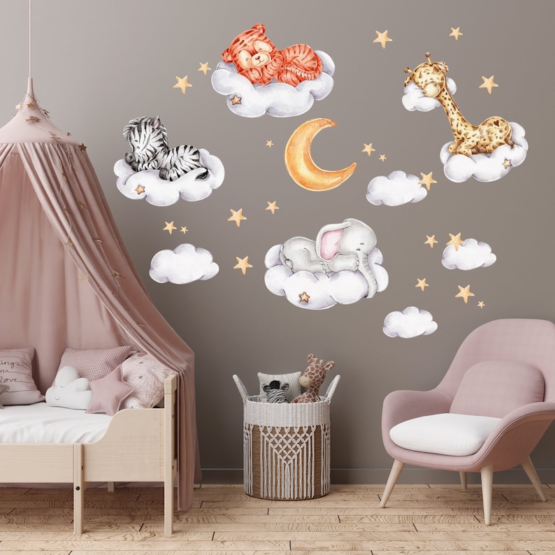 Sleeping Safari Animals Wall Decal Watercolor Lion Clouds Decor Art ...