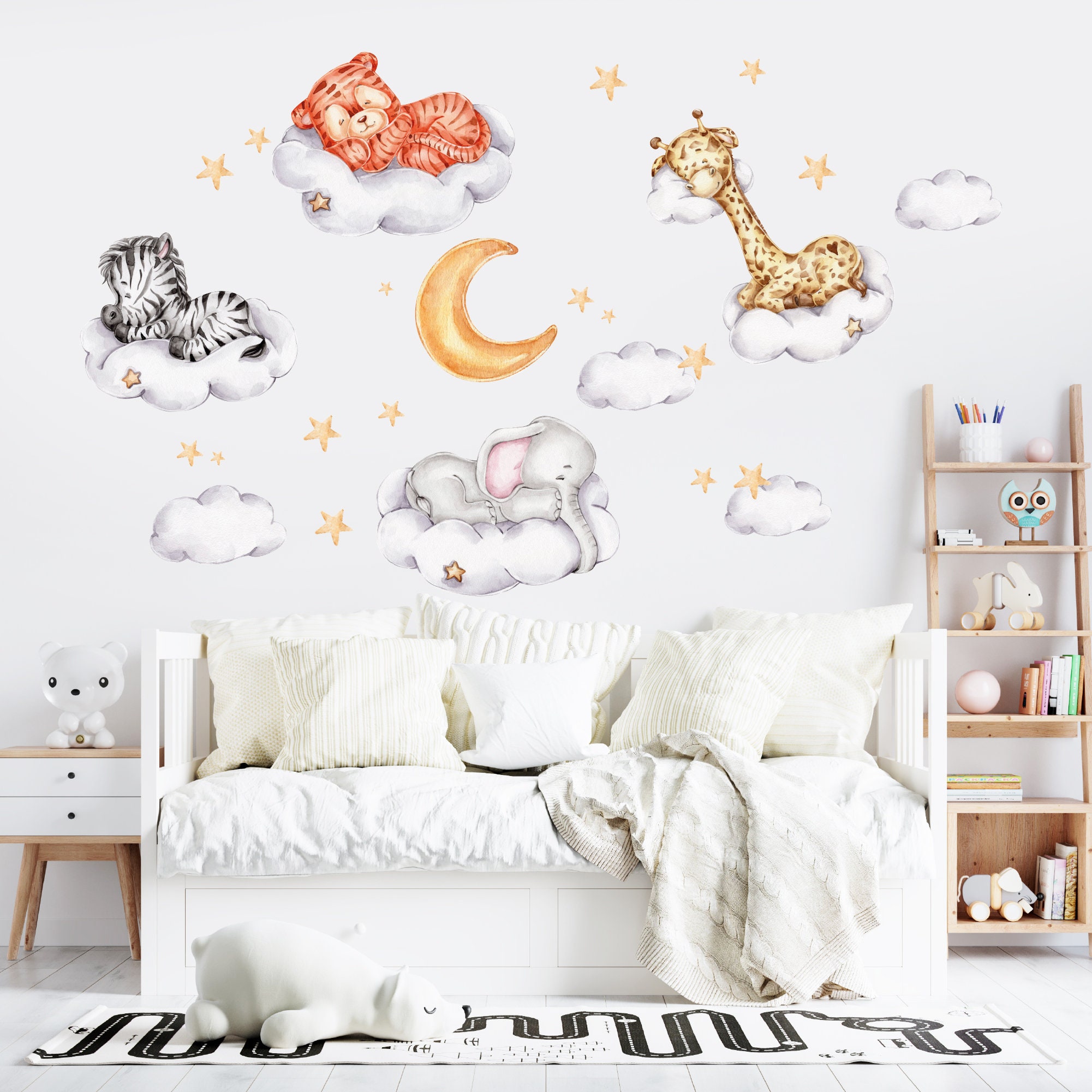 Sleeping Safari Animals Wall Decal Watercolor Lion Clouds Decor Art ...