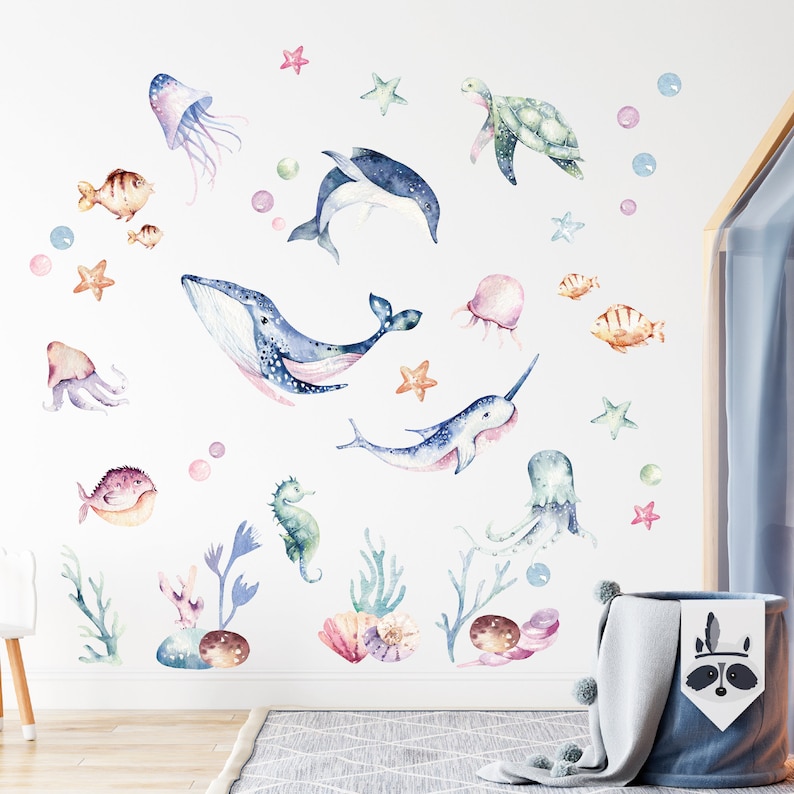 Ocean Animals Wall Decals Art Decor Custom Kids Animals Watercolor ...