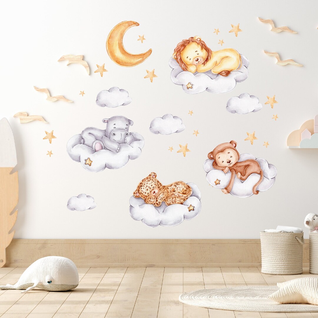 Sleeping Safari Animals Wall Decal Watercolor Lion Clouds Decor Art ...
