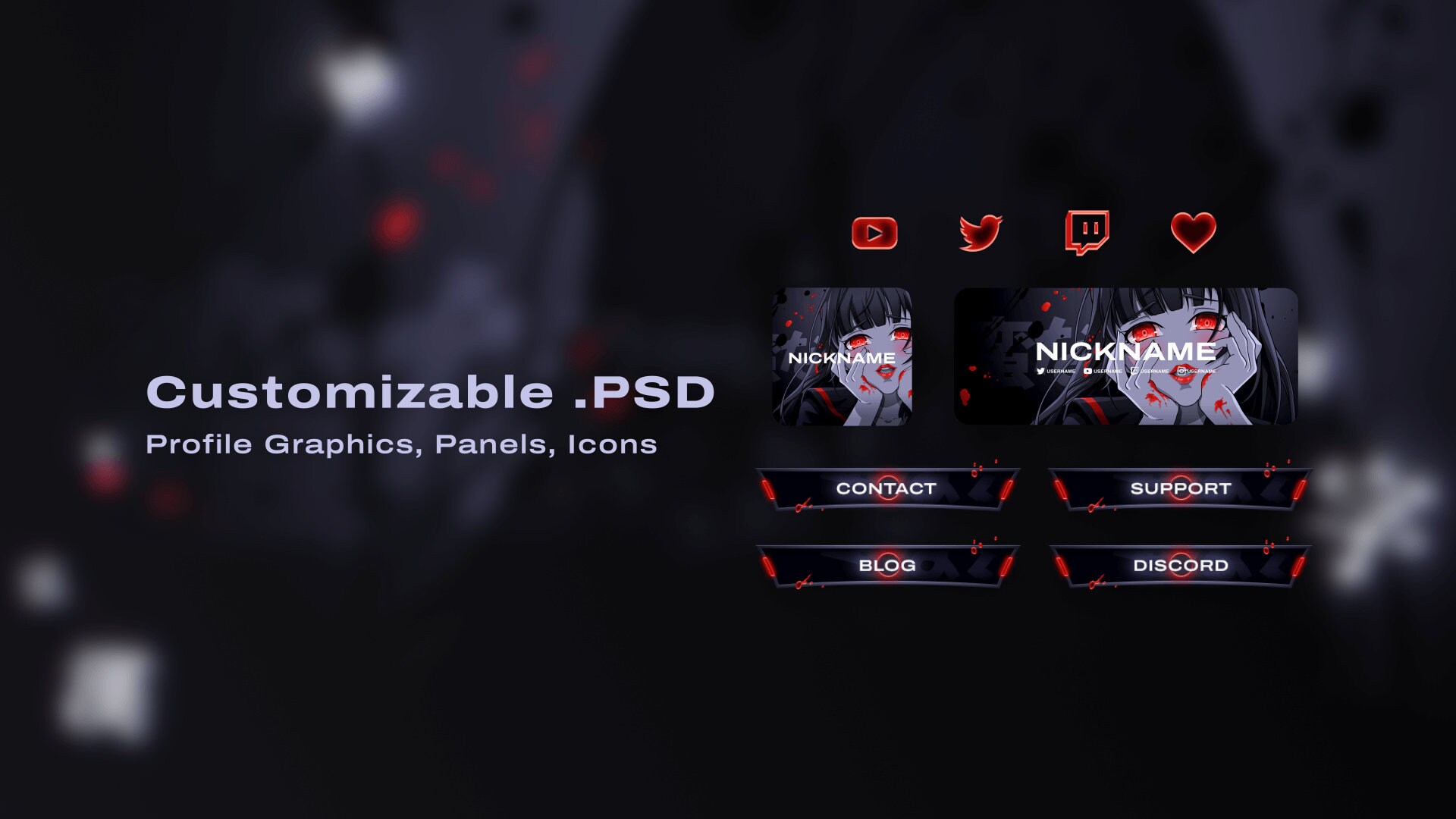 Anime Girl Yandere Twitch Overlay Pack Animated Stream Overlay OBS ...