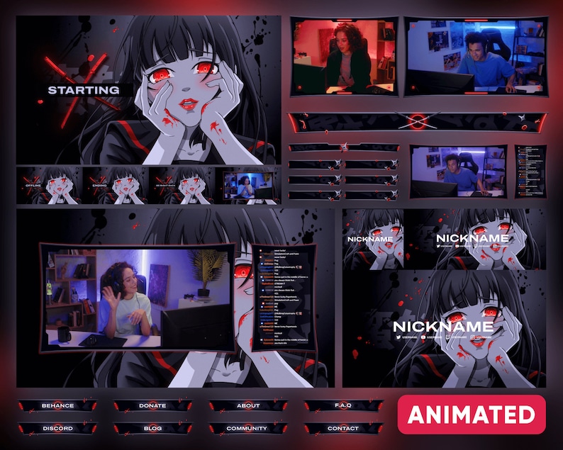 Anime Girl Yandere Twitch Overlay Pack Animated Stream Overlay OBS ...