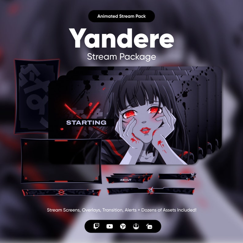 Anime Girl Yandere Twitch Overlay Pack Animated Stream Overlay OBS ...