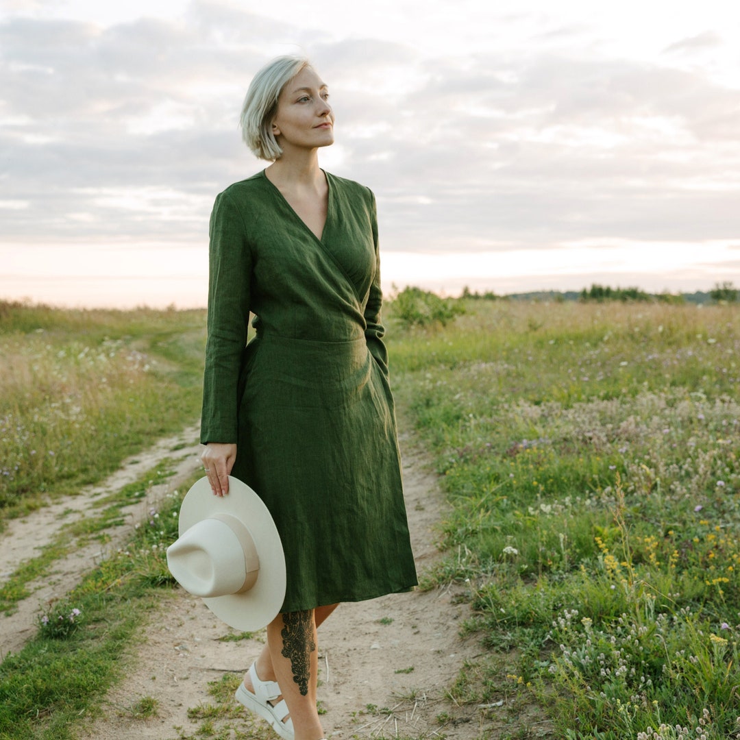 Forest Green Sustainable Linen Dress A Line Long Sleeve V - Etsy