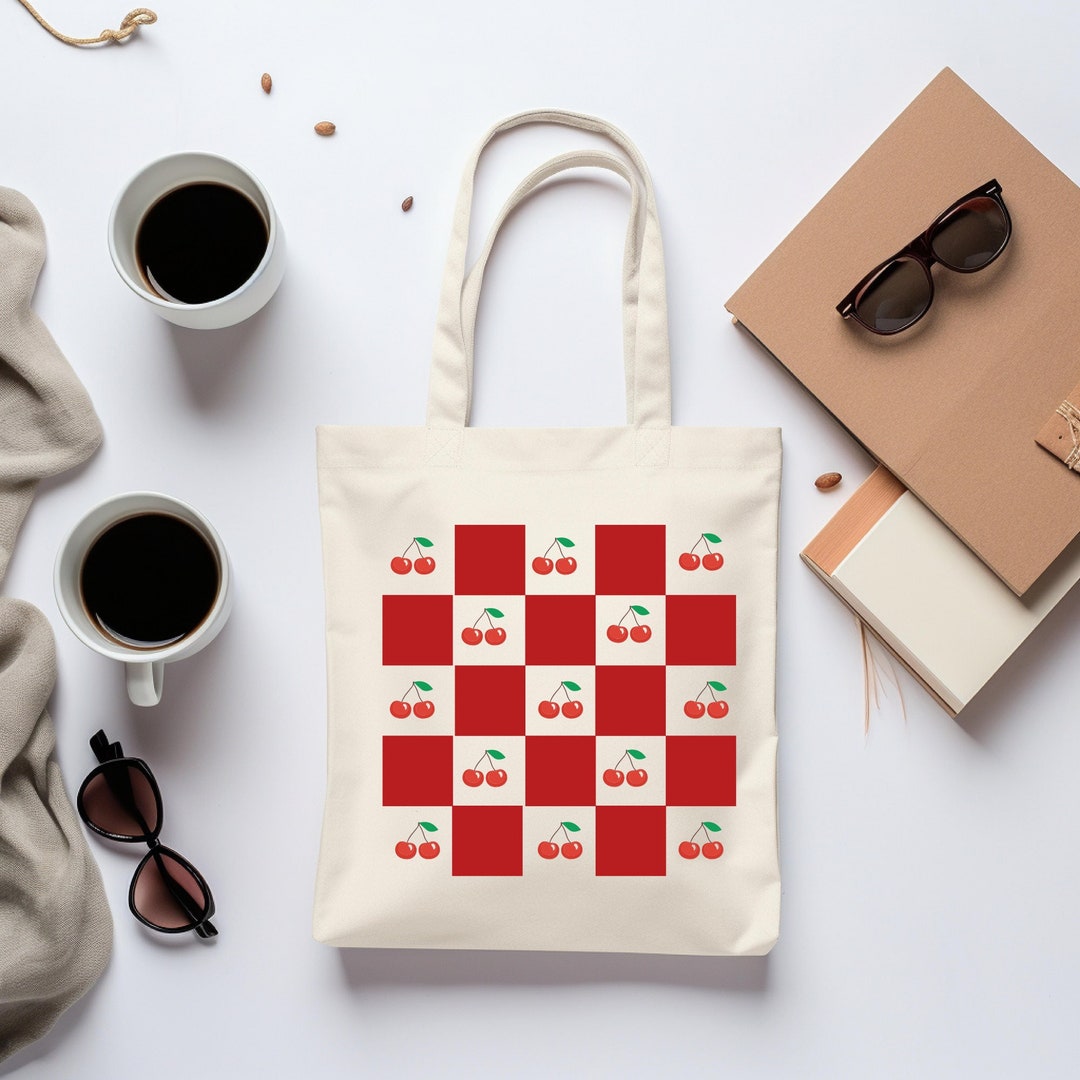 Checkered Cherry Tote Bag, Cherry Lover Gift, Cherry Bag, Aesthetic Red ...