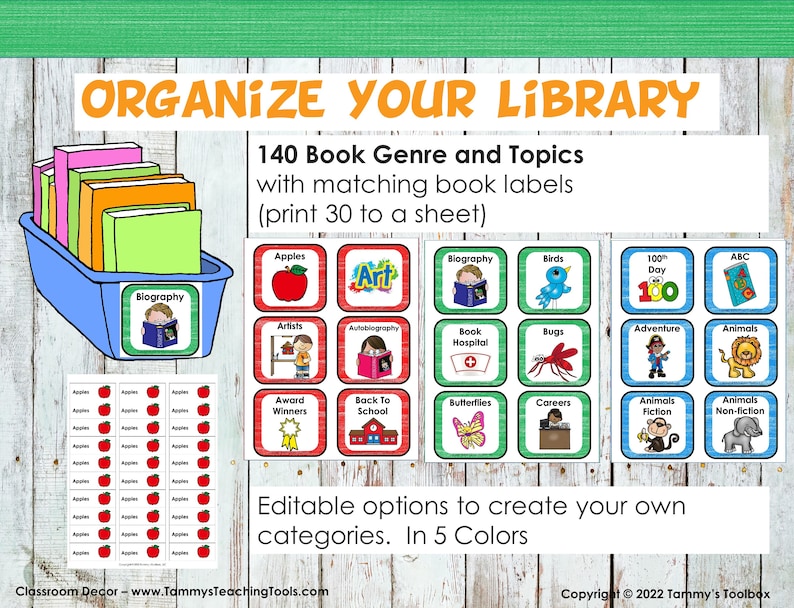 Classroom Library Book Bin Labels in Colorful Brights, Colorful Rainbow ...