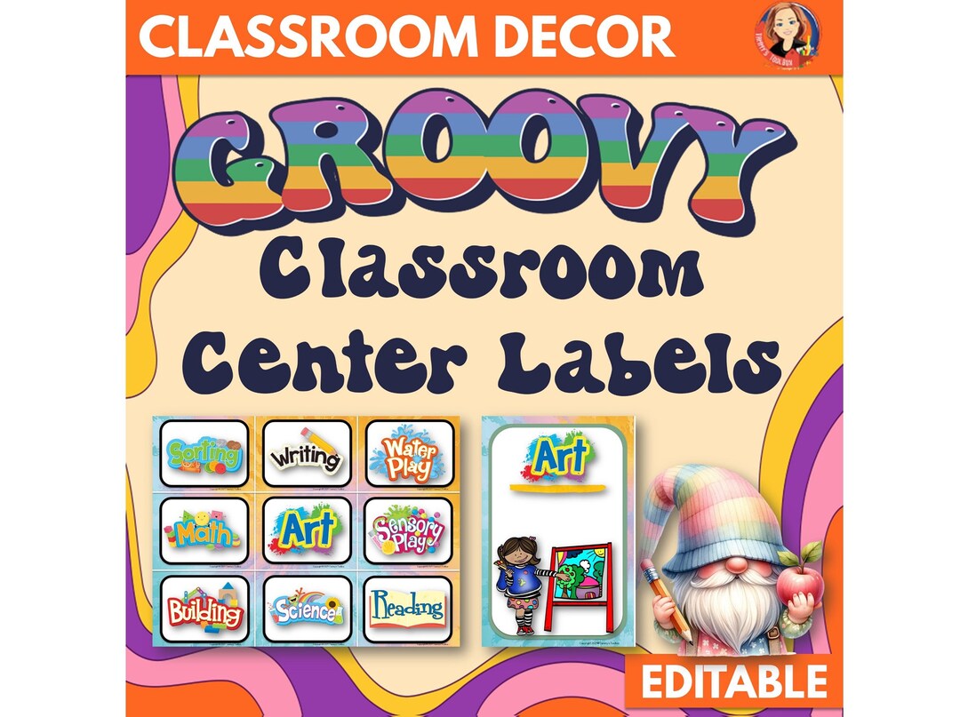 Classroom Center Signs and Labels in Groovy Retro Classroom Decor Theme ...
