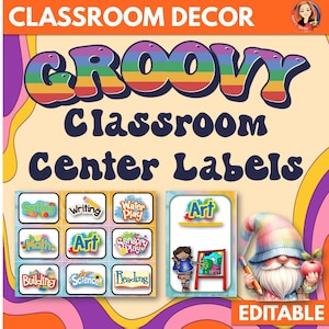 Classroom Center Signs and Labels in Groovy Retro Classroom Decor Theme ...