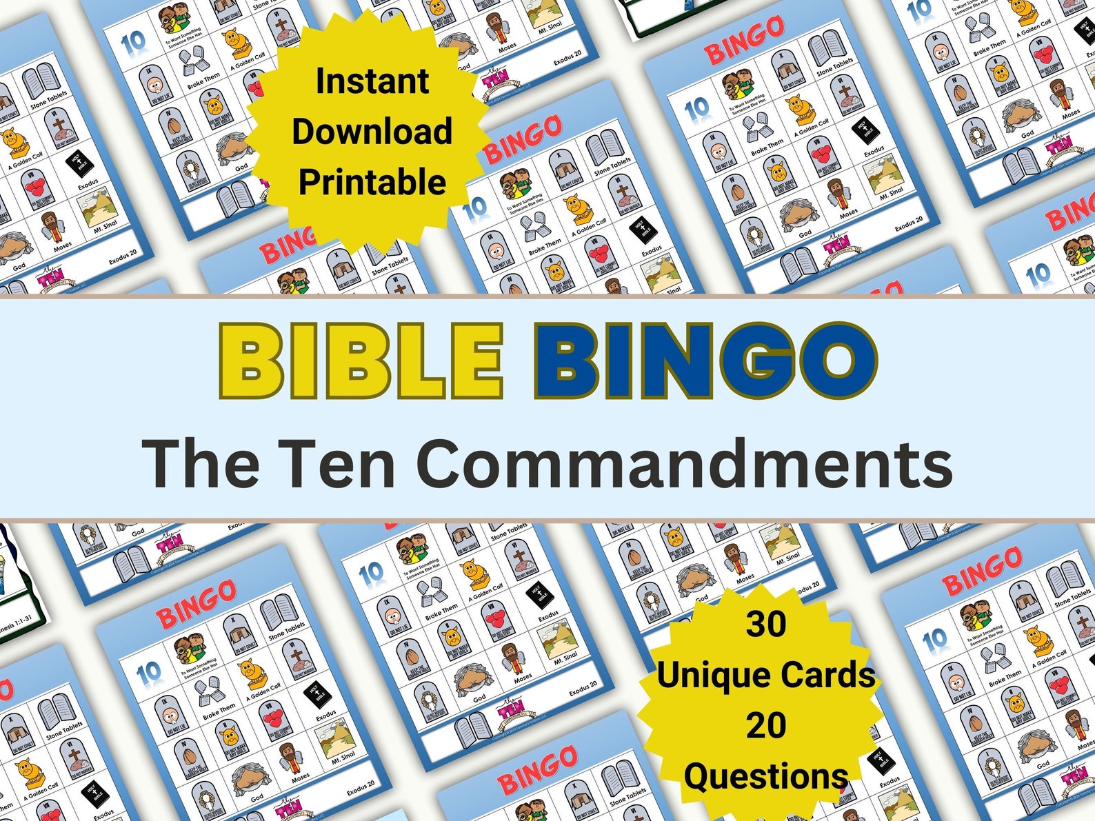 Bible Bingo, Bible Lesson Review Game for Kids, the Ten Commandments ...