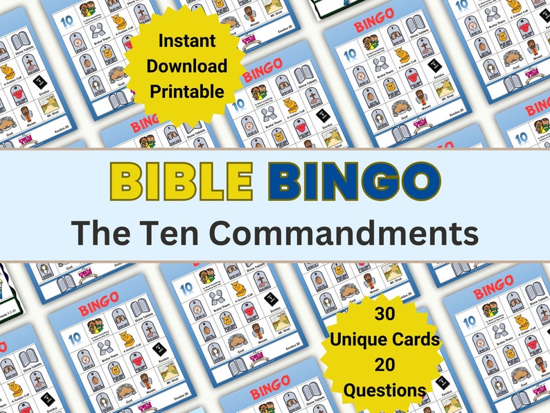 Bible Bingo, Bible Lesson Review Game for Kids, the Ten Commandments ...