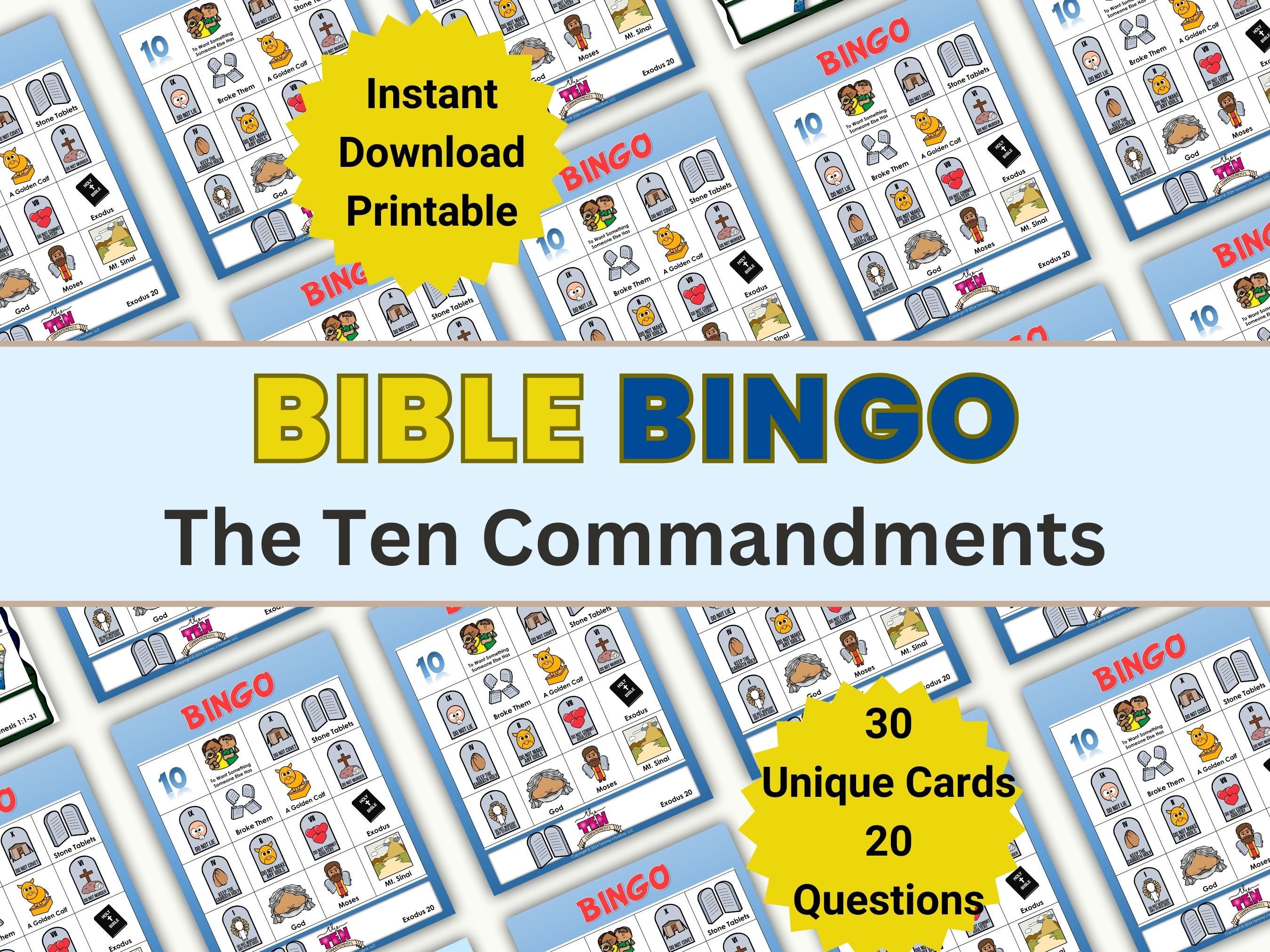 Bible Bingo, Bible Lesson Review Game for Kids, the Ten Commandments ...