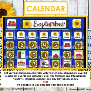 Sunflower Classroom Calendar Decor Set Editable, Sunflower Bulletin ...