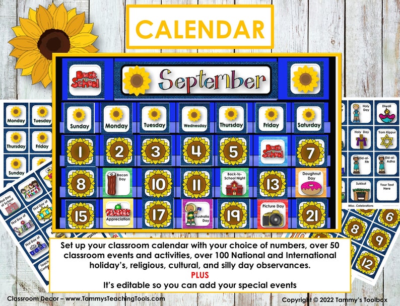 Sunflower Classroom Calendar Decor Set Editable - Etsy