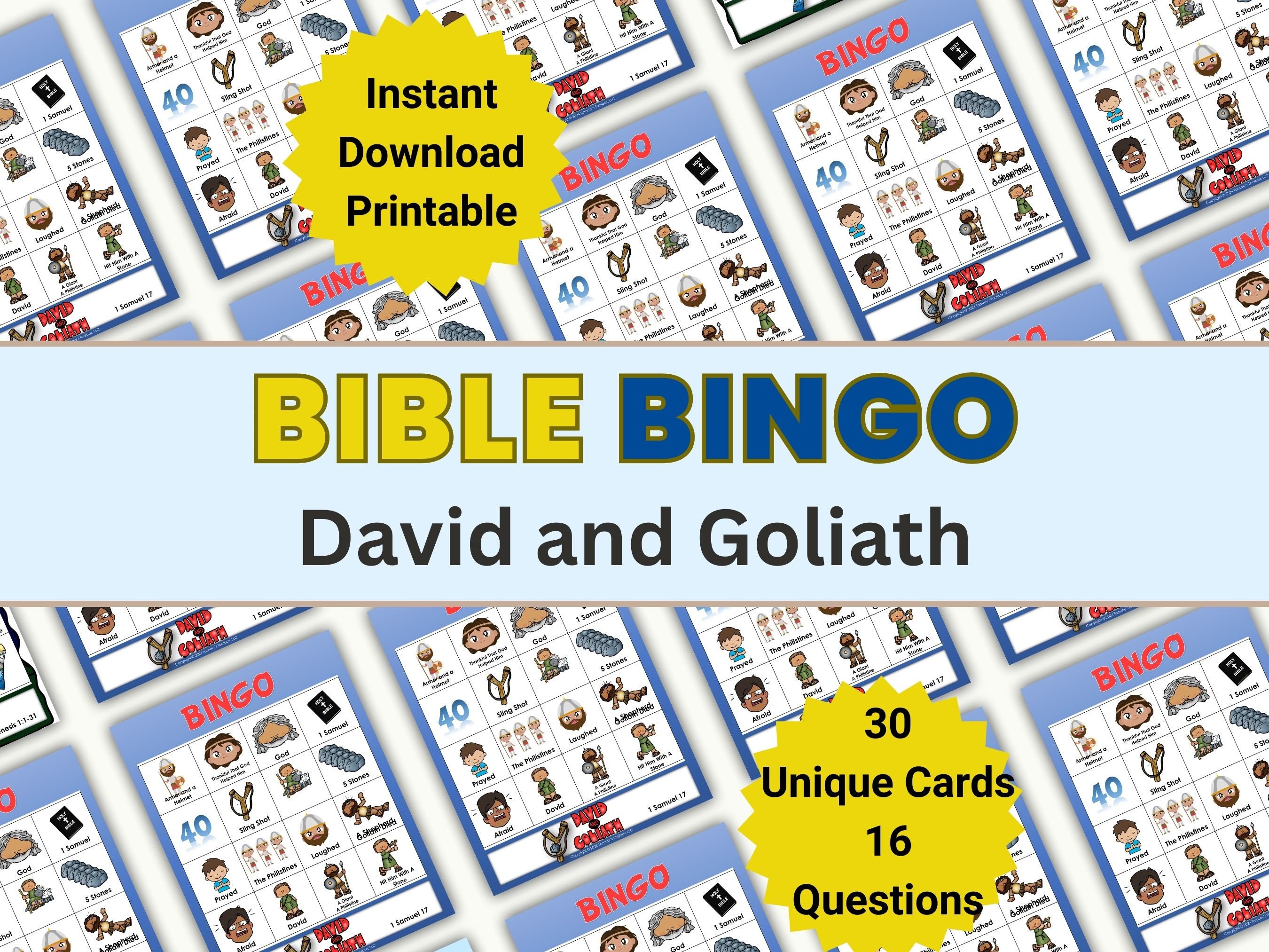 Bible Bingo, Bible Lesson Review Game for Kids, David and Goliath ...