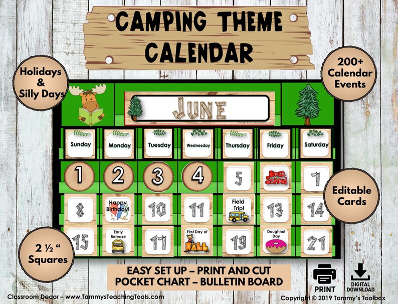 Editable Classroom Calendar in a Camping Theme, Printable Rustic ...